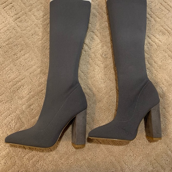 Shoes | Point Toe Chunky Heel Tall Sock Boots | Poshmark